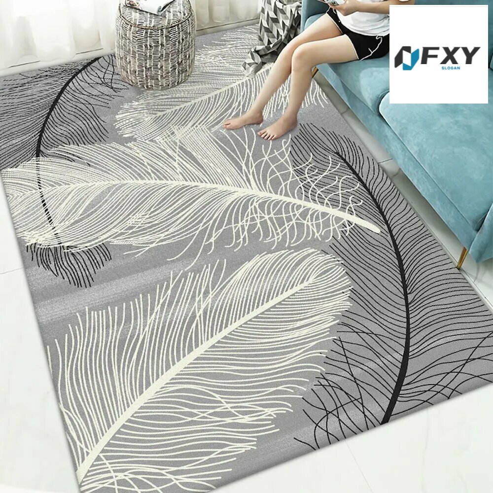Современный эксклюзивный ковер 3х2 м с художественной печатью Серые перья выполнен из микрофибры и войлок
