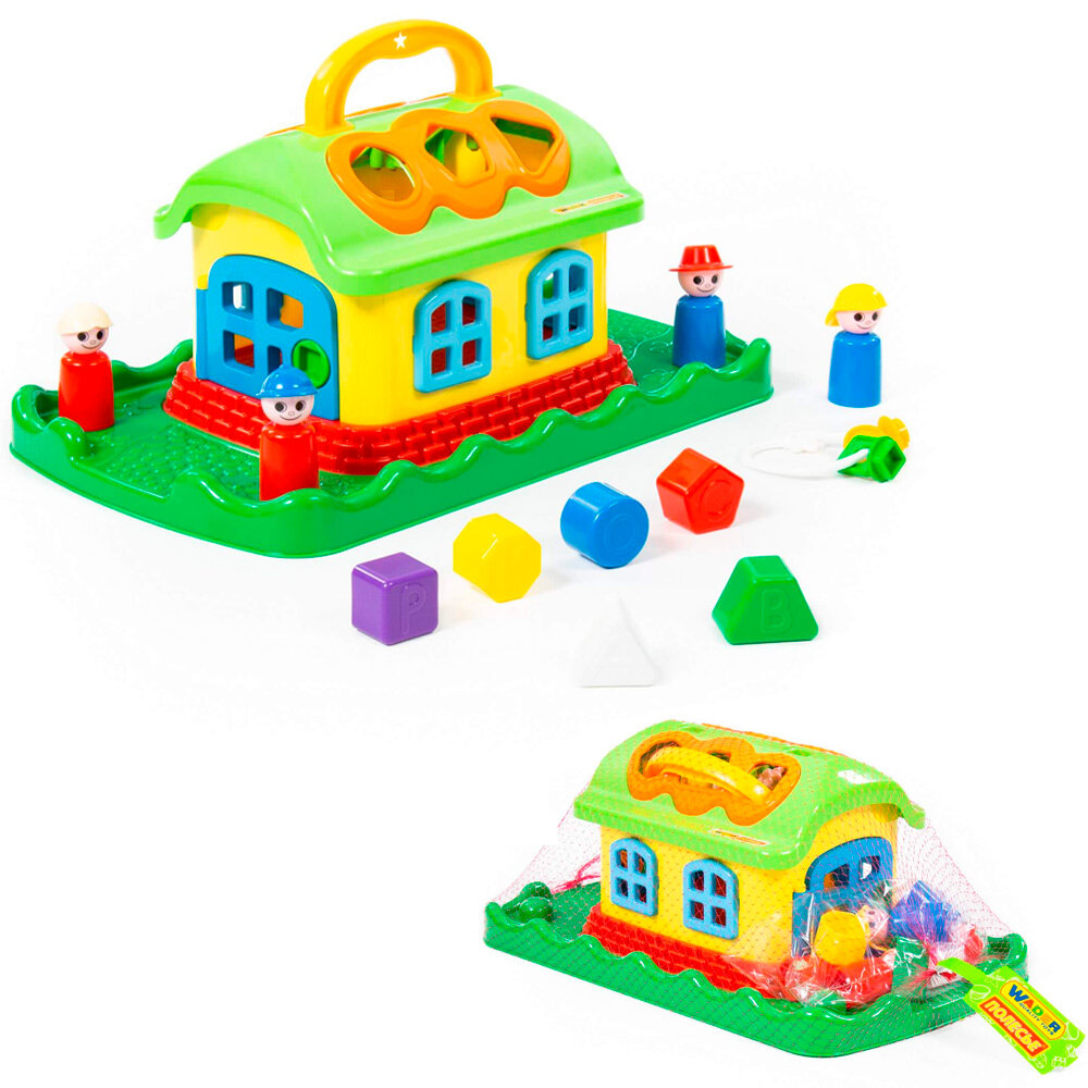 Логическая игрушка "Сказочный домик на лужайке" 40,5*24,5*17,5 см, домик-сортер + ключи + 6 фигурок-вкладышей + 4 фигурки людей, пластик, в сетке