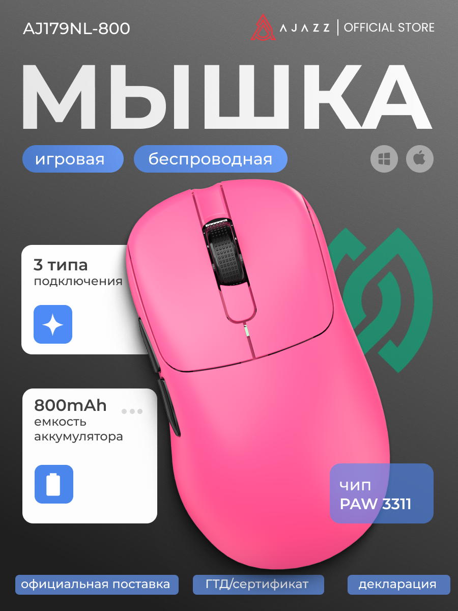 Игровая беспроводная мышь AJAZZ AJ179 NL 800 NearLink / Розовая / 3 режима подключения