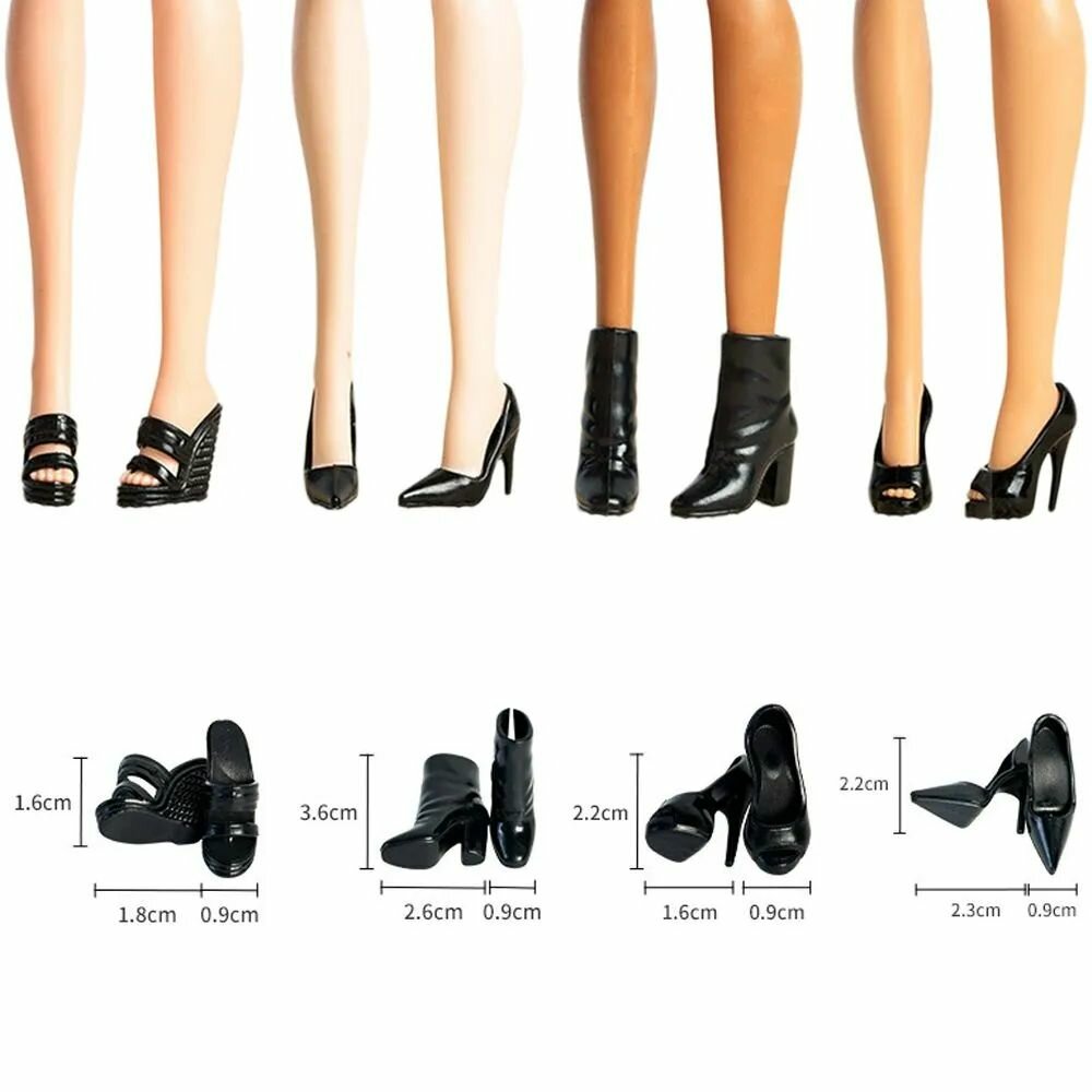 4 Пары черных туфель для куклы Барби на высоком каблуке