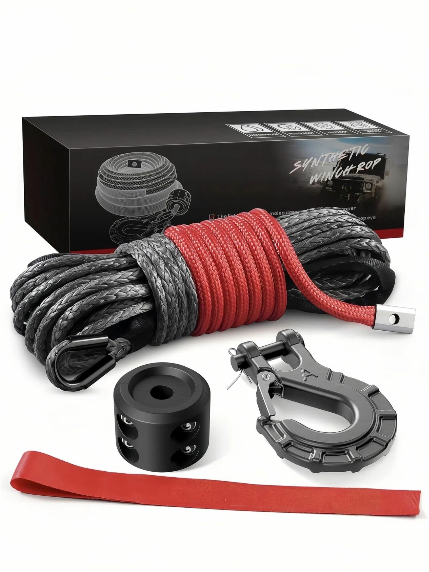 Синтетический трос для лебедки 6мм x 15м с крюком и стопором