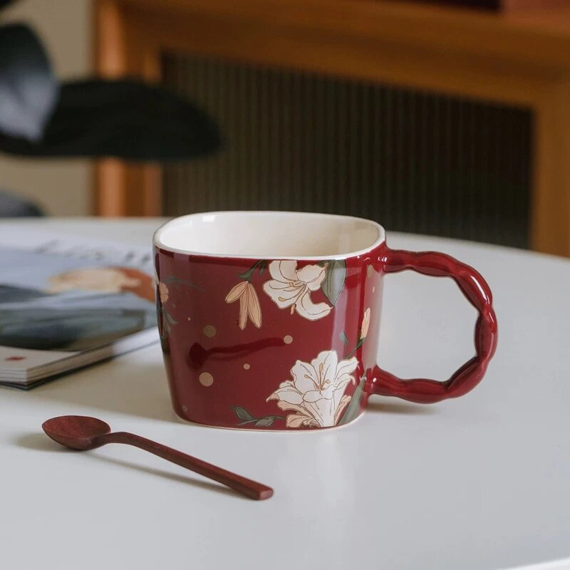 Французская ретро цветочная квадратная керамическая кофейная кружка большой емкости, креативная чашка для воды, чашка