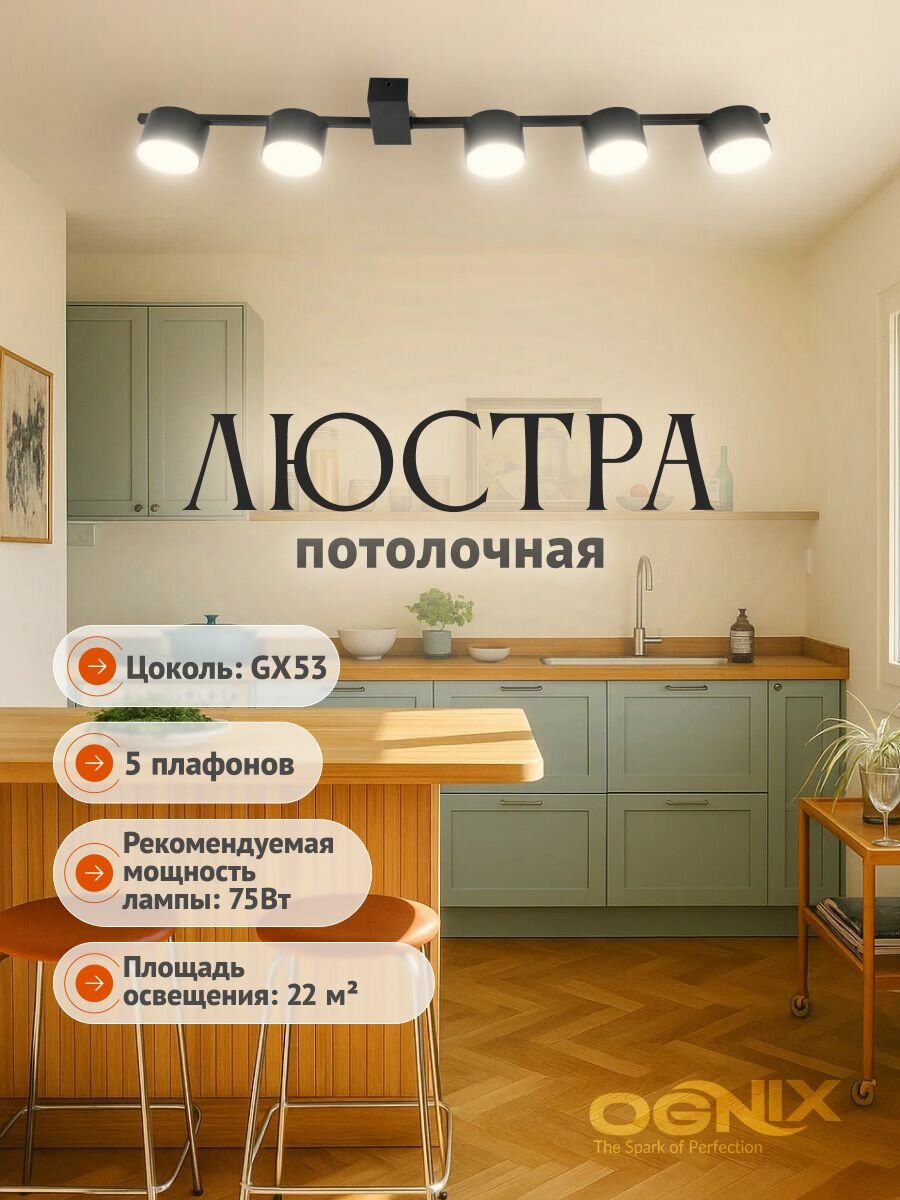 Люстра потолочная, светильник на кухню, в спальню, черный, светодиодный цоколь GX53, металлический корпус, 5 лампочек