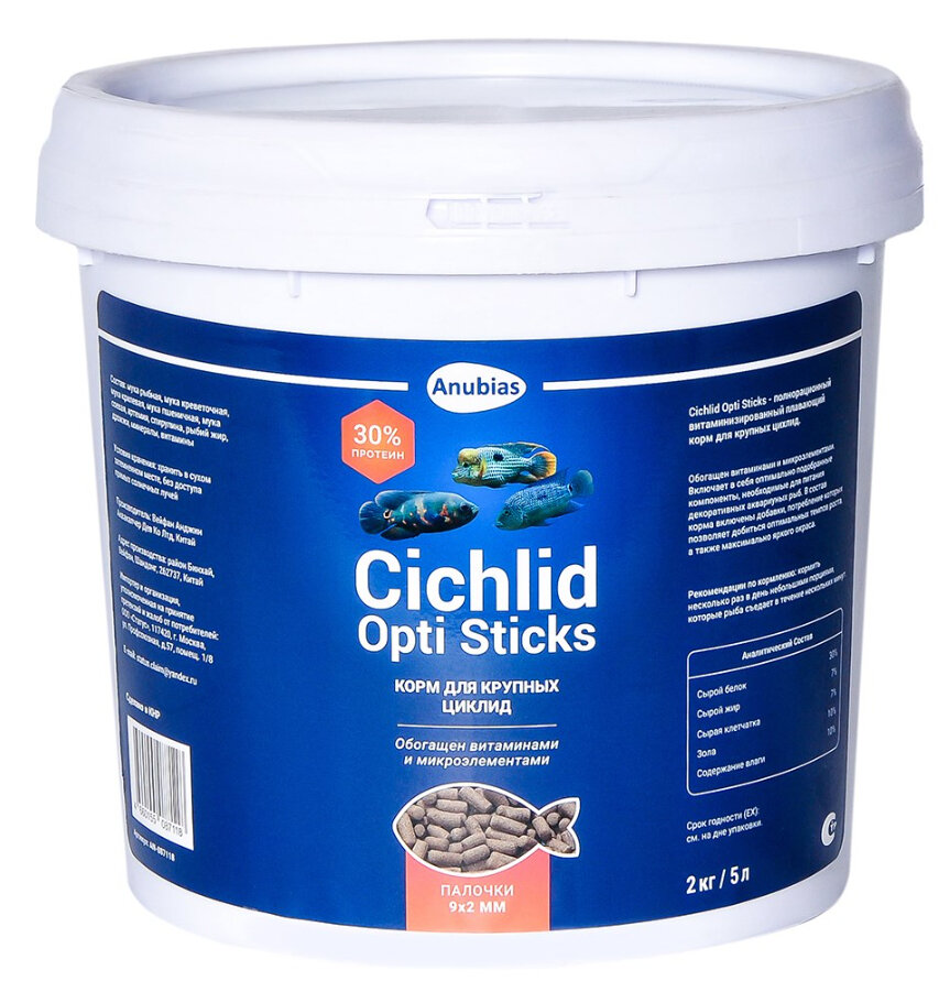 Корм для крупных цихлид Anubias Cichlid Opti Sticks, палочки, 2 кг, ведро