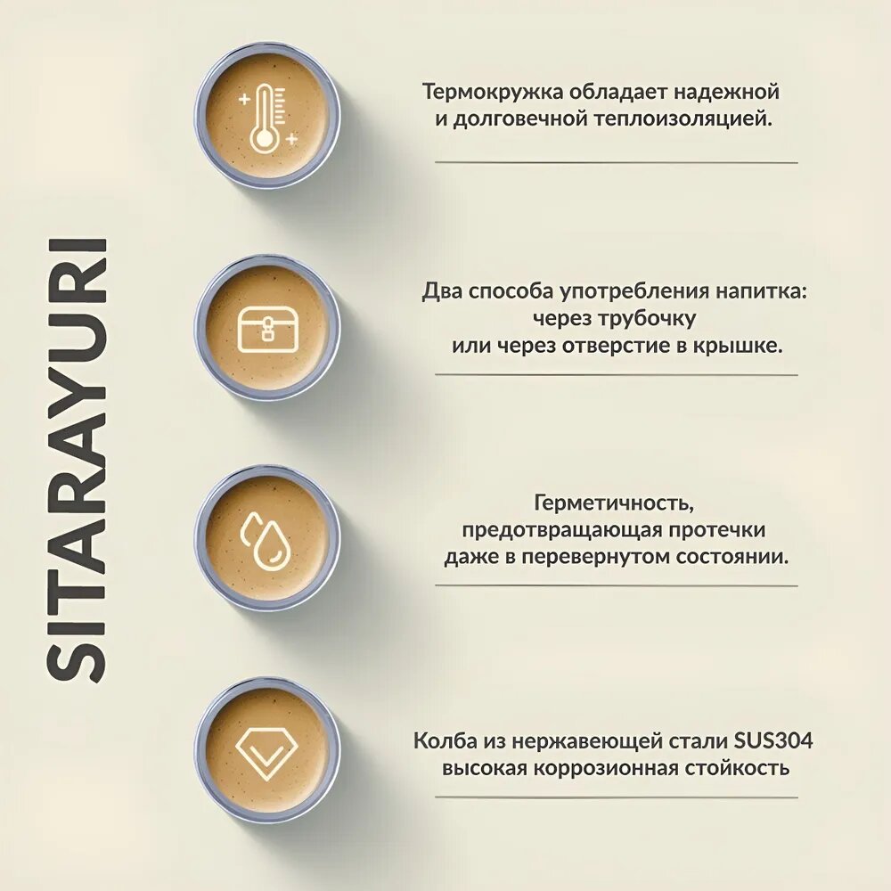 Термокружка Sitarayuri 600 мл, светло-розовая, вакуумная, с ручкой и трубочкой, нержавеющая сталь — фото 1
