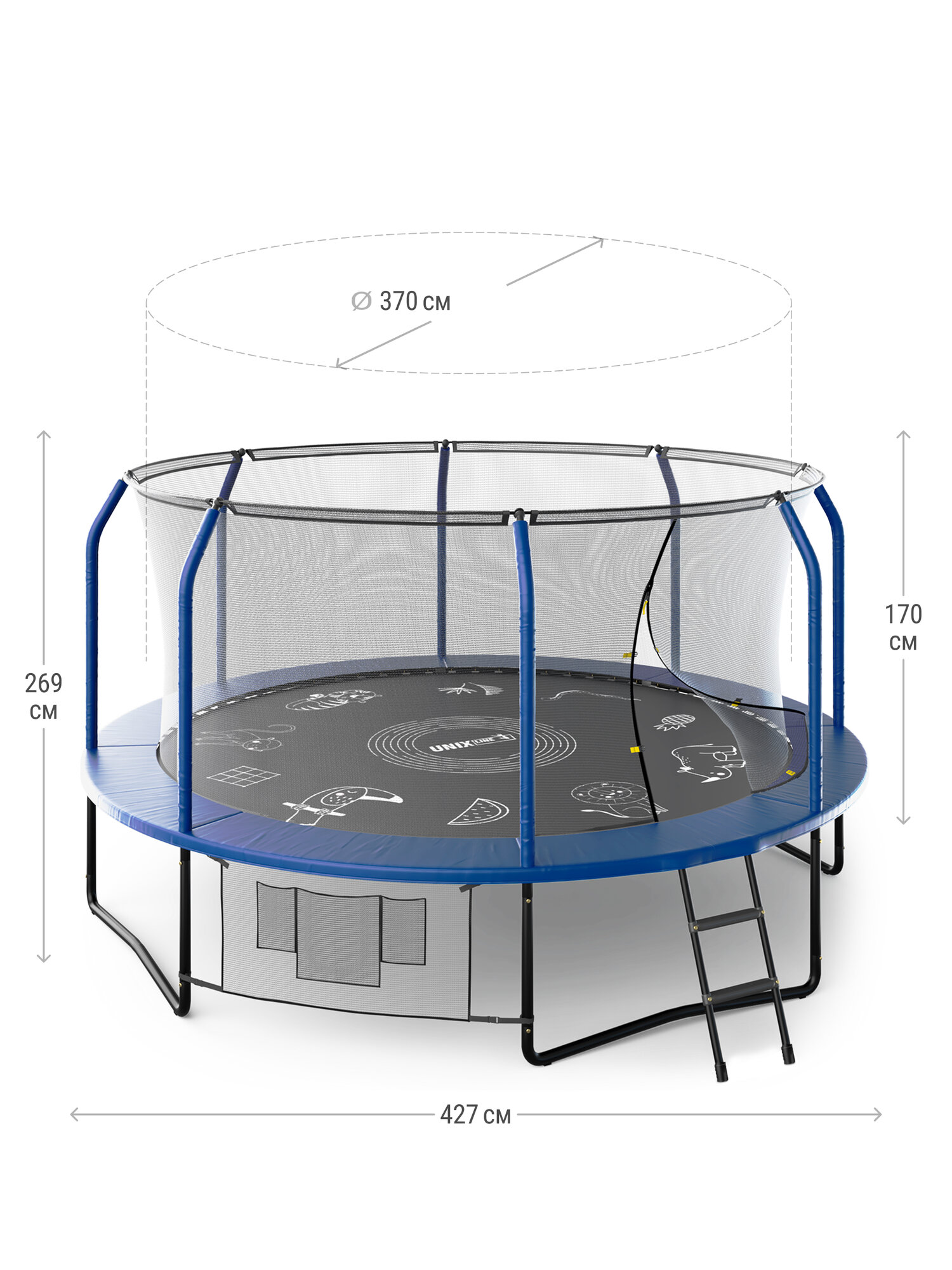Батут UNIX Line SUPREME GAME 14 ft с защитной сеткой, 427 см, синий