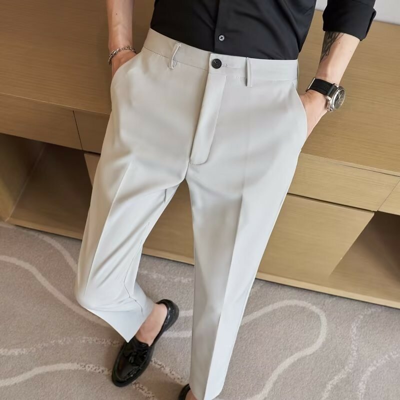 Тренд RONG CH Мужские Костюмные Брюки Кроп Слим Ледяная Шелк Деним, Размер_33