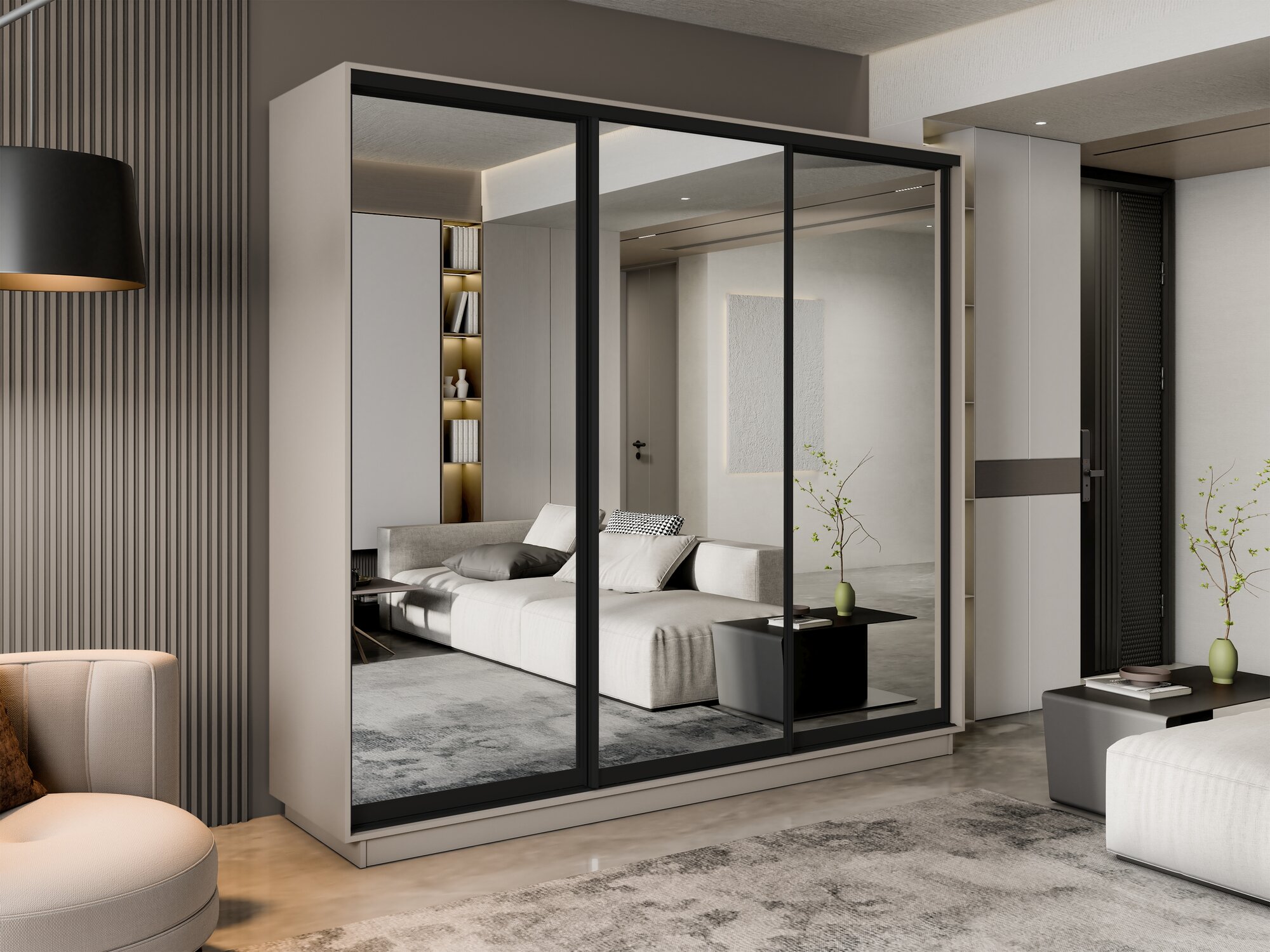 Шкаф купе Вилли 3-х дверный ЛДСП, зеркальные двери, профиль черный 210 см х 220 см х 60 см (Кашемир)