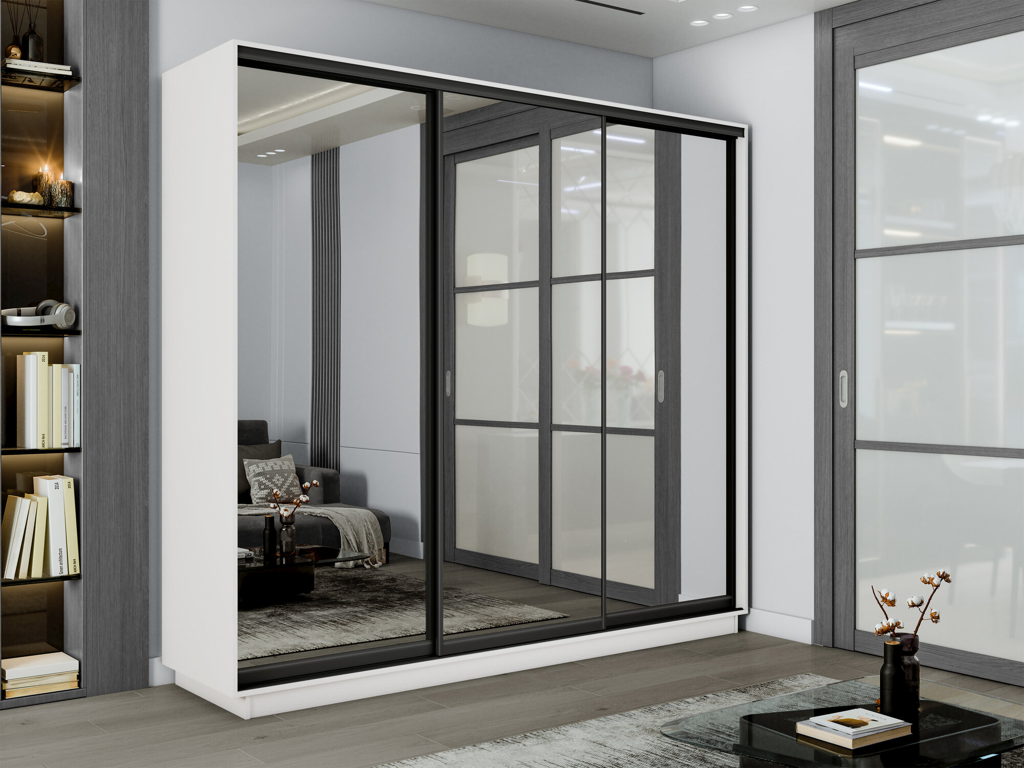 Шкаф купе Вилли 3-х дверный ЛДСП, зеркальные двери, профиль черный 240 см х 240 см х 60 см (Белый снег)