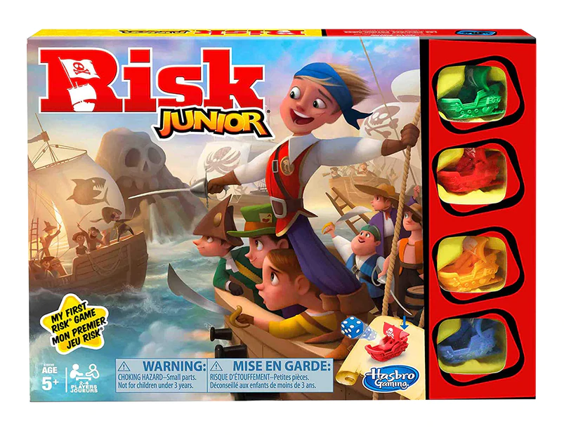 Risk Junior Board Game, games, 1 game board, 4 ship tokens, 2 dice, 32 pirate tokens, 12 treasure cards, 1 game guide, 2-4 players, ages 5+ years