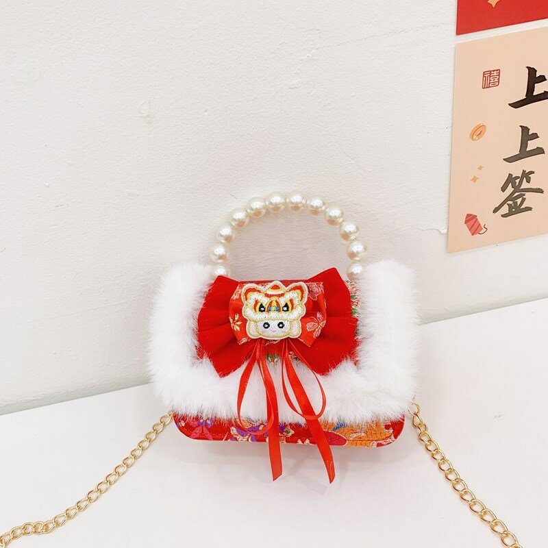 Детская сумка осень-зима Новый год красная праздничная сумочка в стиле маленького Шанель с шерстяными жемчужными аксессуарами сумка для девочки