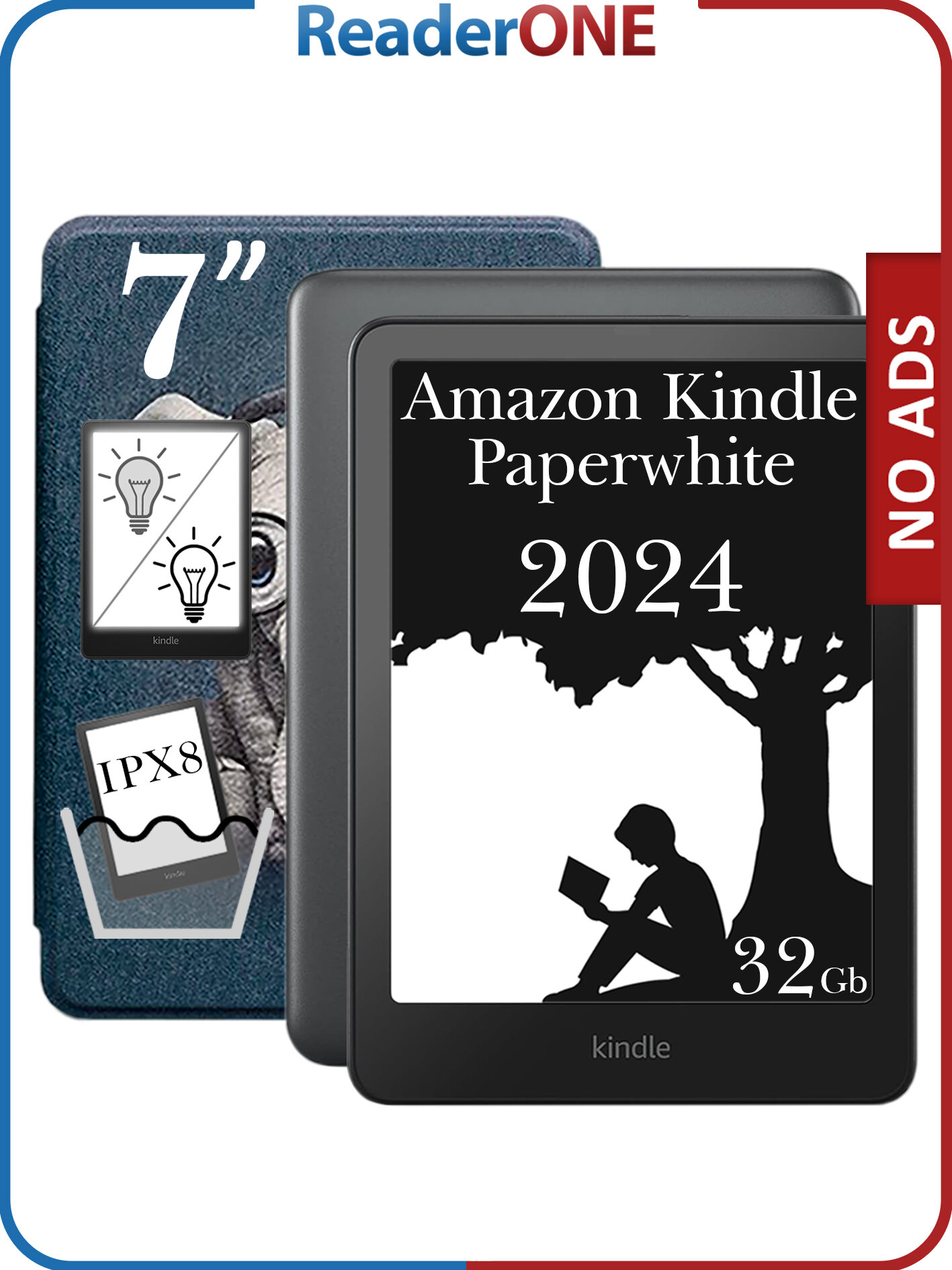 Электронная книга Amazon Kindle PaperWhite 12 2024 32Gb SE Metallic Black с обложкой ReaderONE Elephant