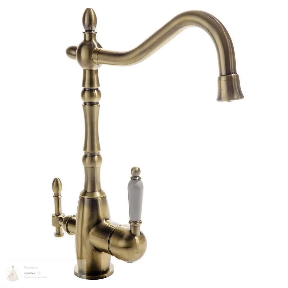 Смеситель кран для кухни ретро HOFFNUNG HFG-AC175 с высоким изливом и с подключением к фильтру питьевой воды Бронза Германия
