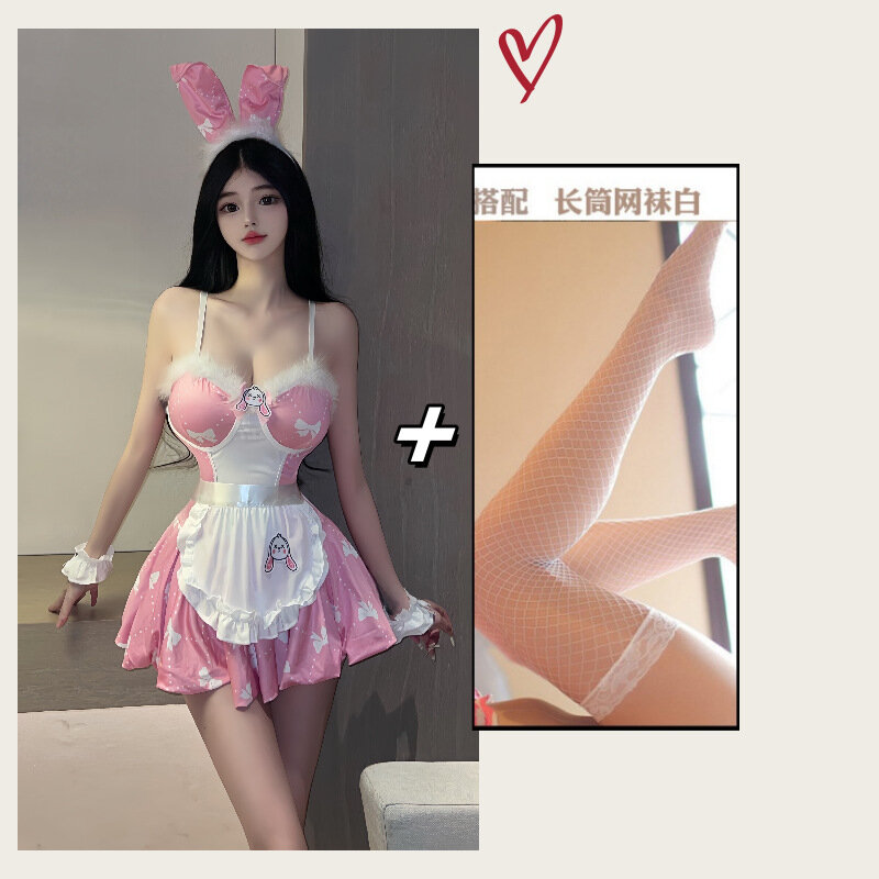 Сексуальный комплект нижнего белья в японском стиле с изображением девушки-зайчика, дизайн в стиле аниме, открытая промежность, не требует снятия. Девушка-зайчик + белые сетчатые чулки.