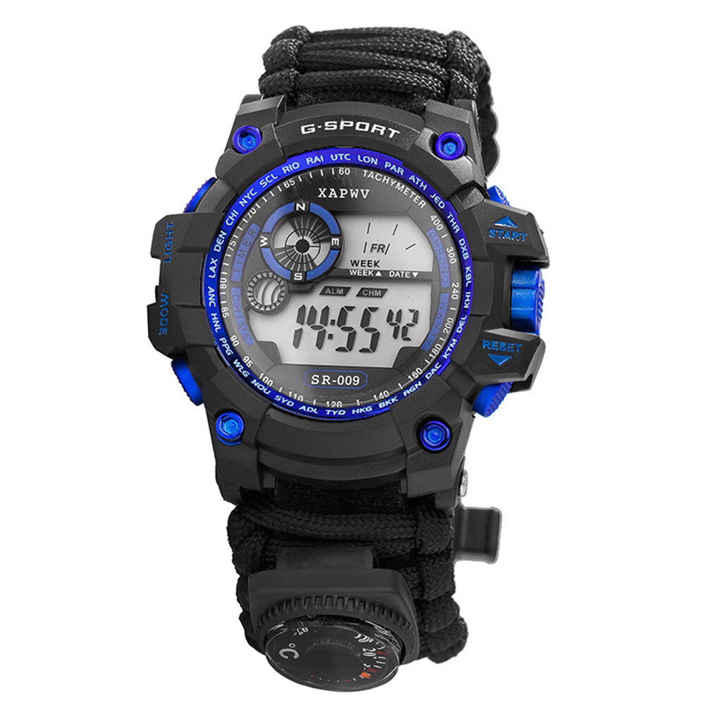 Часы выживания Digital Survival Sport водонепроницаемые чрезвычайные с паракордом, свистком, зажигалкой, скребком, компасом и термометром 6 в 1 многофункциональный туристический снаряд Черный Армейский Зеленый-1 Армейский Зеленый-2 корпус пластик ремешок