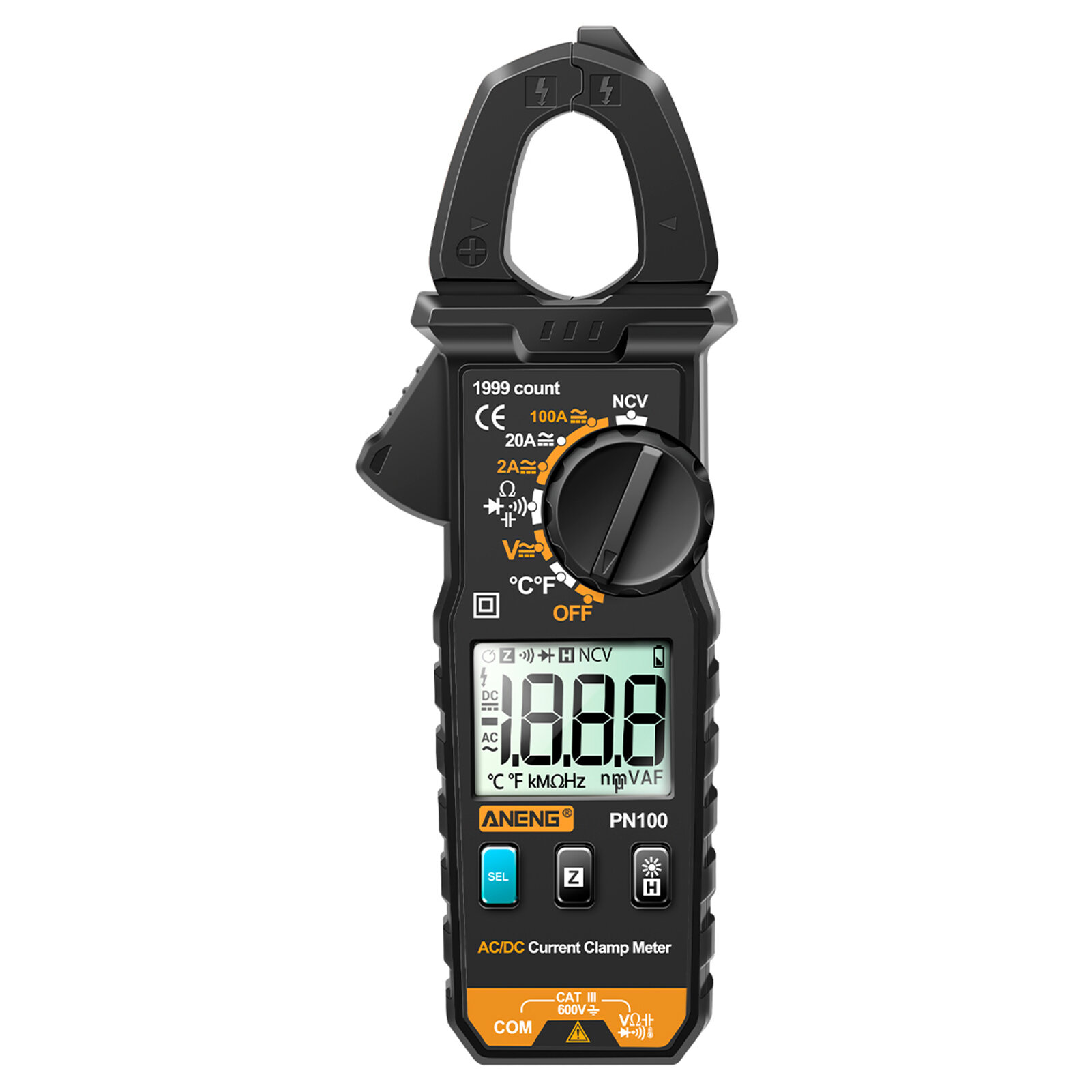 ANENG PN100 Клешневой мультиметр смарт 1999 Counts Автоматический диапазон Цифровой мультиметр Термометр Экран LCD Напряжение постоянного и переменного тока Ток постоянного и переменного тока Тест NCV Индукционный вольтметр Сопротивление Ёмкость Диод
