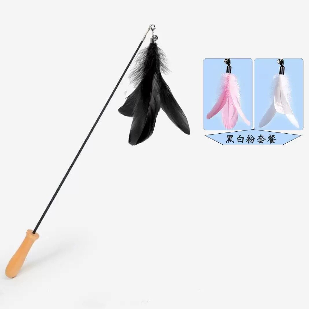 Регулируемая палка-приманка для кошек с деревянной ручкой и колокольчиком Цвет：Деревянная ручка + черные/белые/розовые