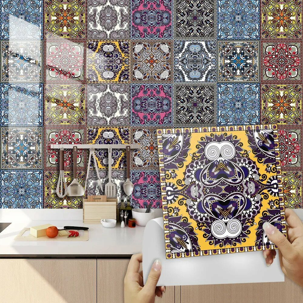 Самоклеящаяся плитка для стен под старинный кафель, виниловые наклейки водостойкие (ПВХ 0.49 мм), набор 10 шт, съемные, для кухни, ванной 15x15 см