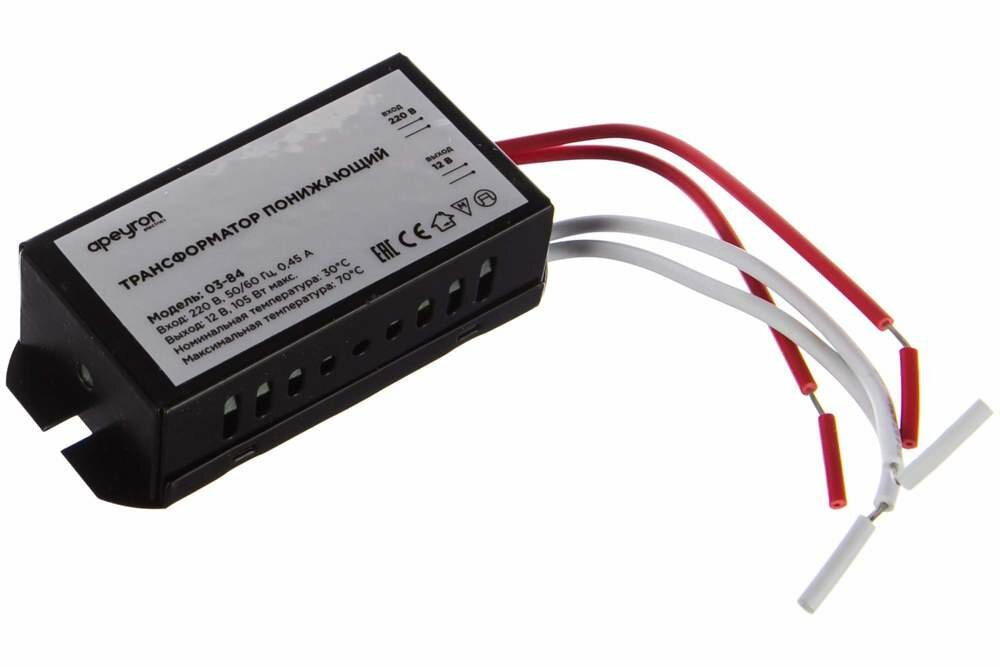 Apeyron Трансформатор понижающий 12В, 35-105Вт, 82х37х24мм, металл, черный 03-84 .