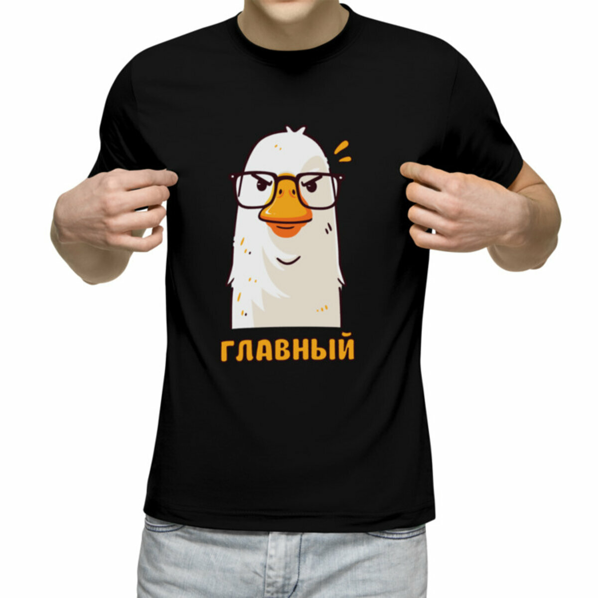 Мужская футболка «Начальник гусь, утка. Прикол, мем. Босс» (черный, L)