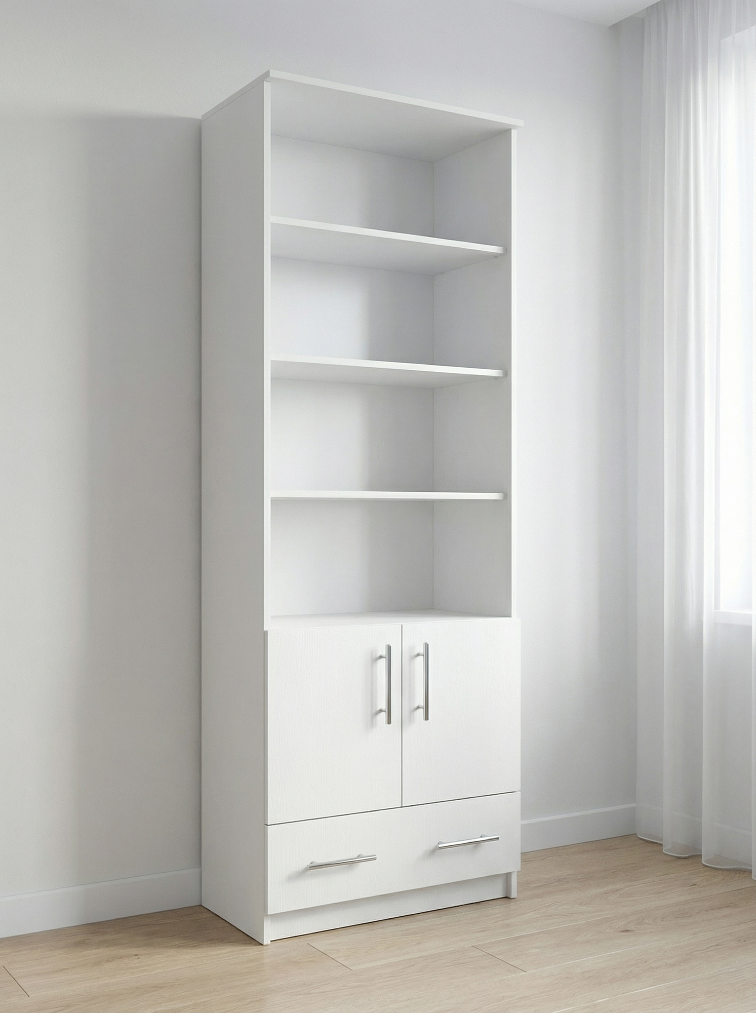 Стеллаж открытый напольный с ящиком и 2 дверцами Стим-24, ШхГхВ: 70х38х200 см, белый