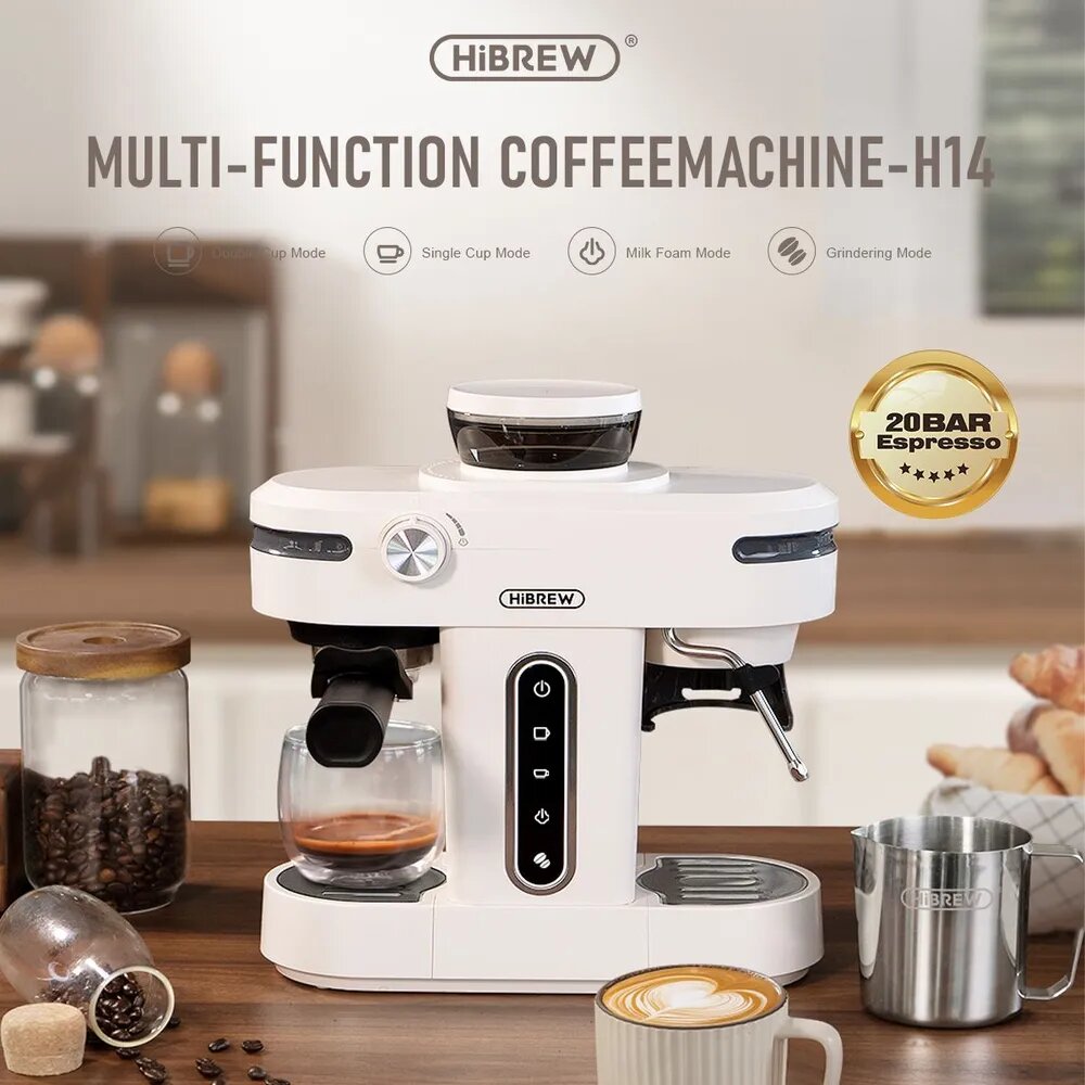 Кофеварка рожковая HiBREW H14, кремовый, белый, для молотого и зернового кофе