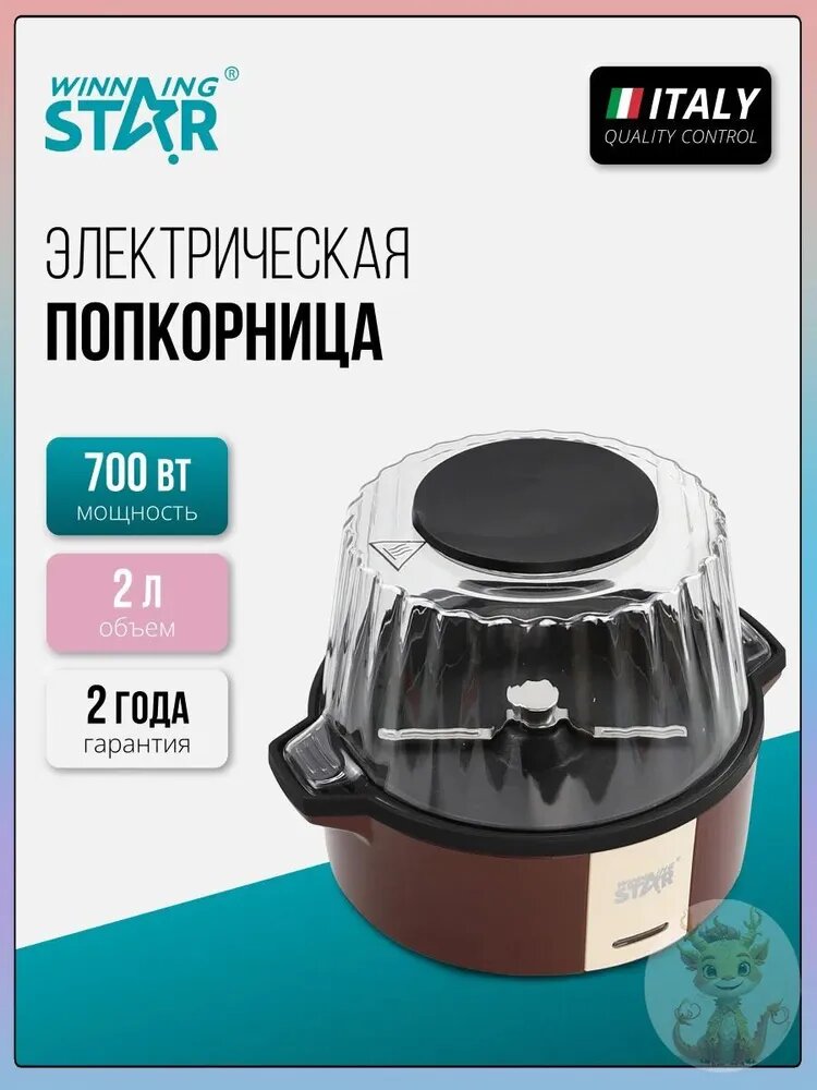 Электрическая попкорница Winning Star ST-9716 для дома 2 л, мощность 700 Вт, коричневый цвет, гарантия 2 года