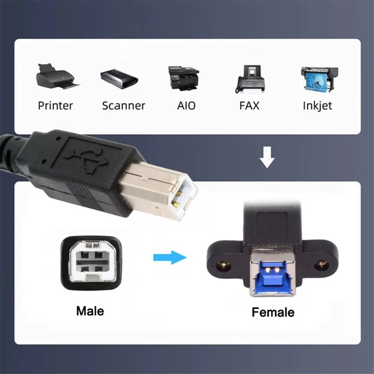USB 3.0 Type-B Female to USB2.0 Type-B Male Cable Extension 30cm