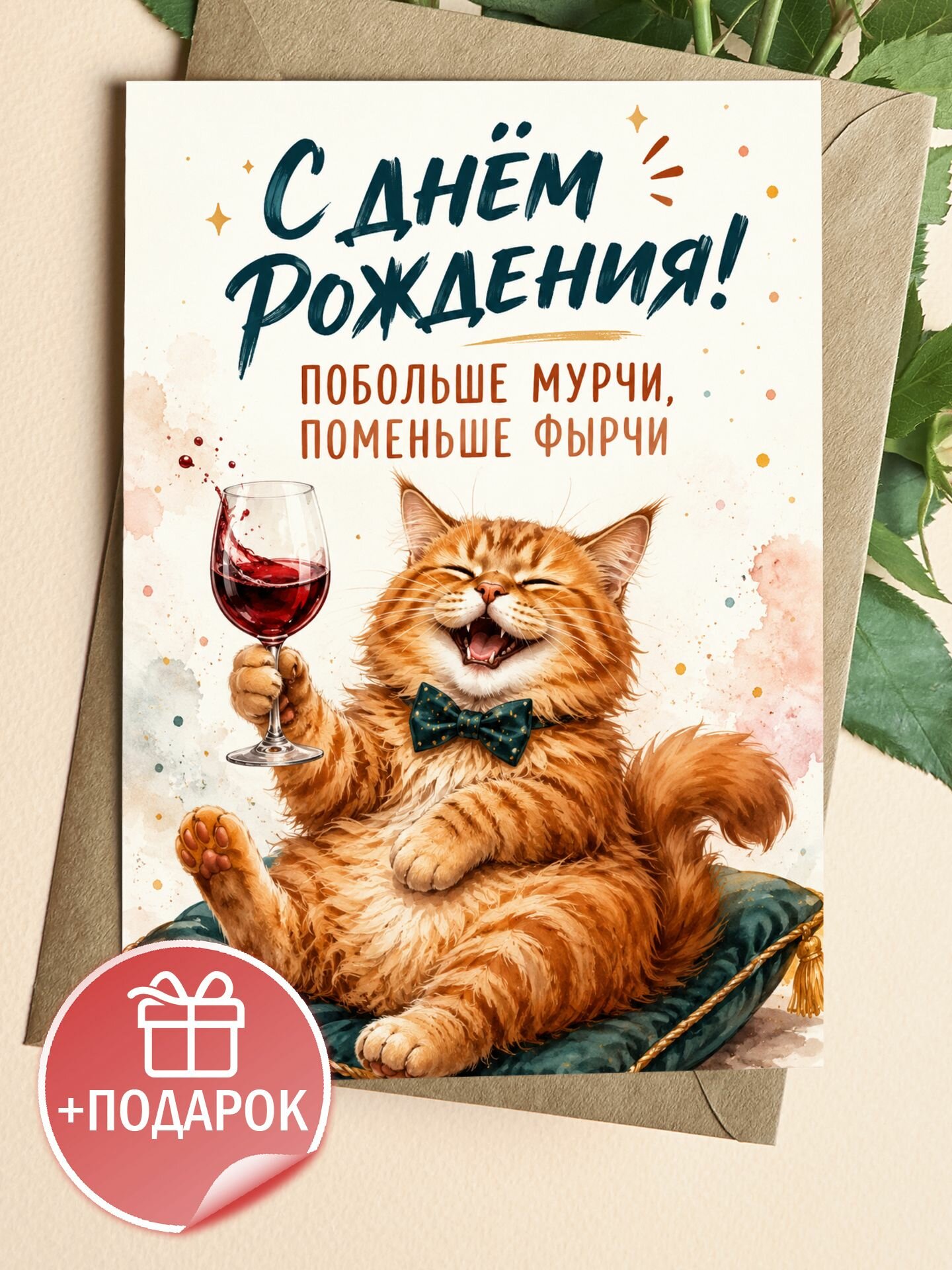 Поздравительная открытка с довольным котиком