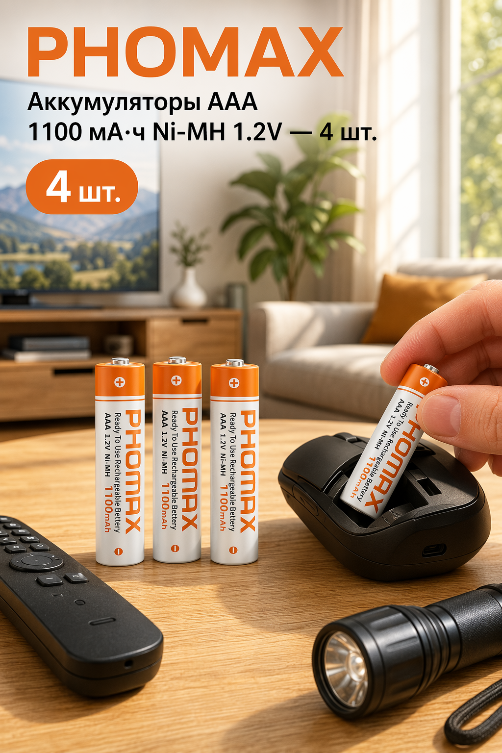 PHOMAX AAA1100 мА·ч Ni-MH 1,2В, батарейки для пультов, 4 шт