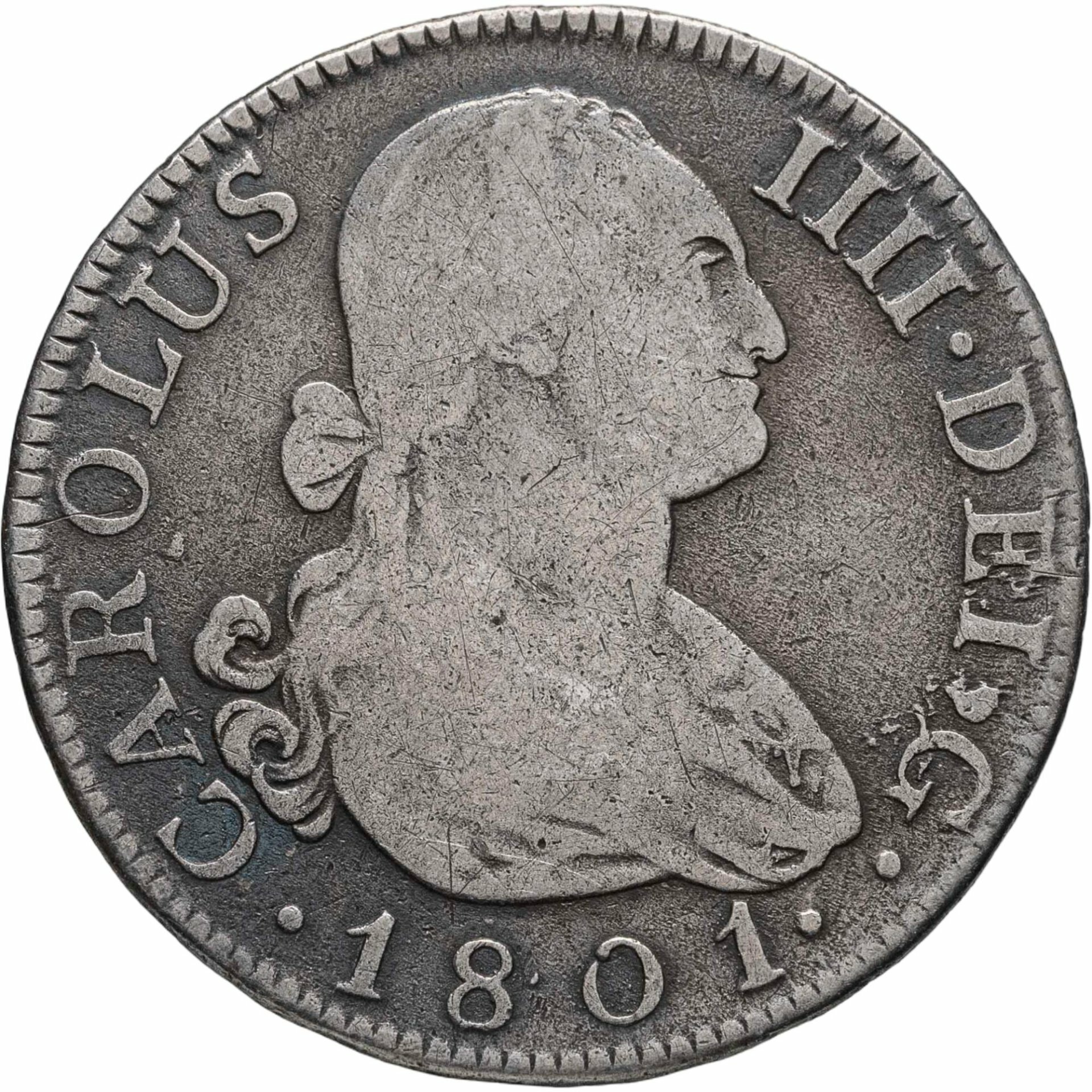 Испания 2 реала 1801 Король Карл IV, знак монетного двора "M" - Мадрид, Серебро 812, в сохранности VF