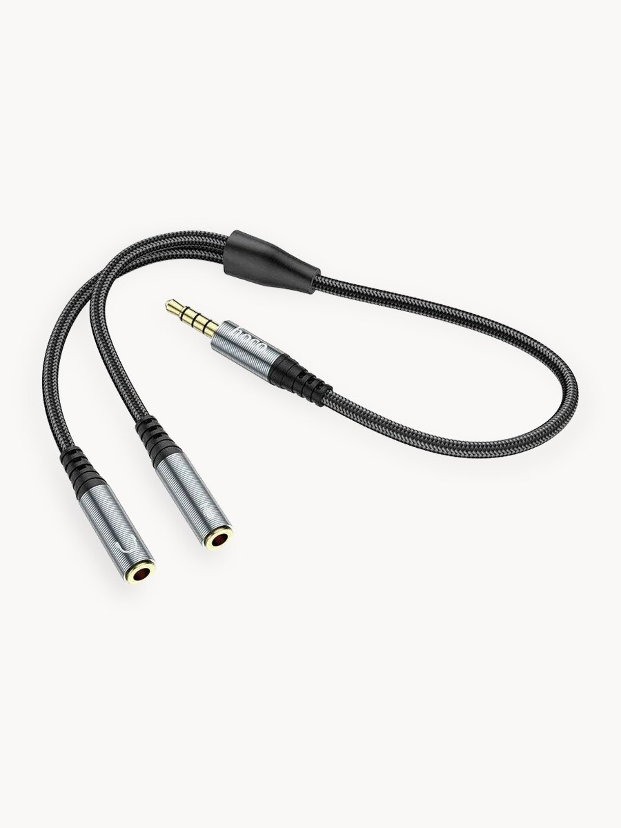 Кабель аудио-адаптер HOCO UPA21 3.5mm (TRRS, Male) на 2x3.5mm (Female), 0.25 метров черный с серым, для наушников, микрофона