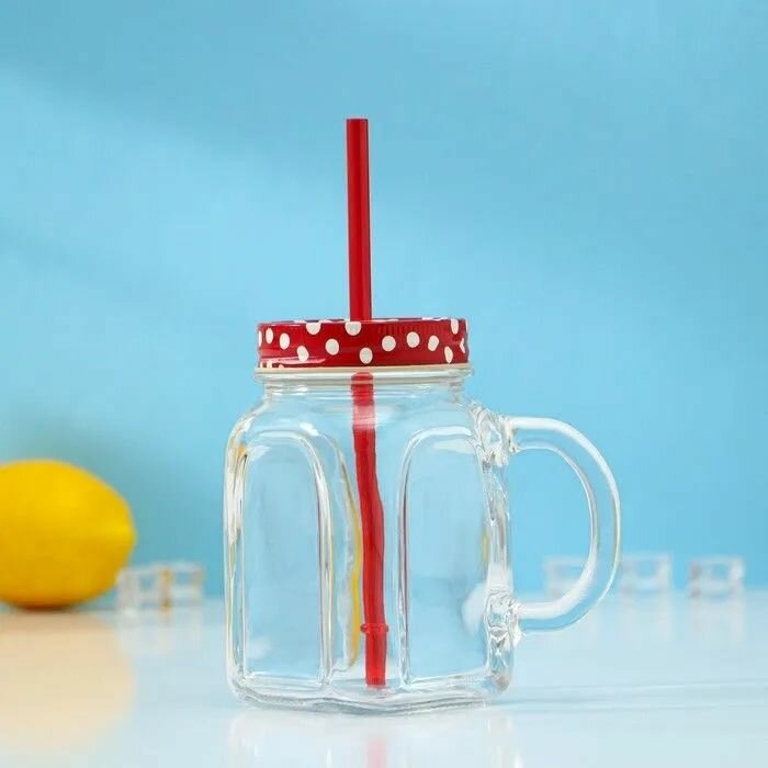 Банка-кружка Pasabahce "Хоммейд" 450 мл, красные крышка и трубочка