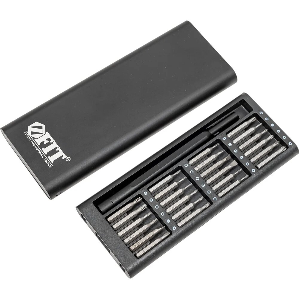 FIT Отвертка с битами для точных работ, 25 бит сталь S2, алюминиевый кейс, Профи 56195