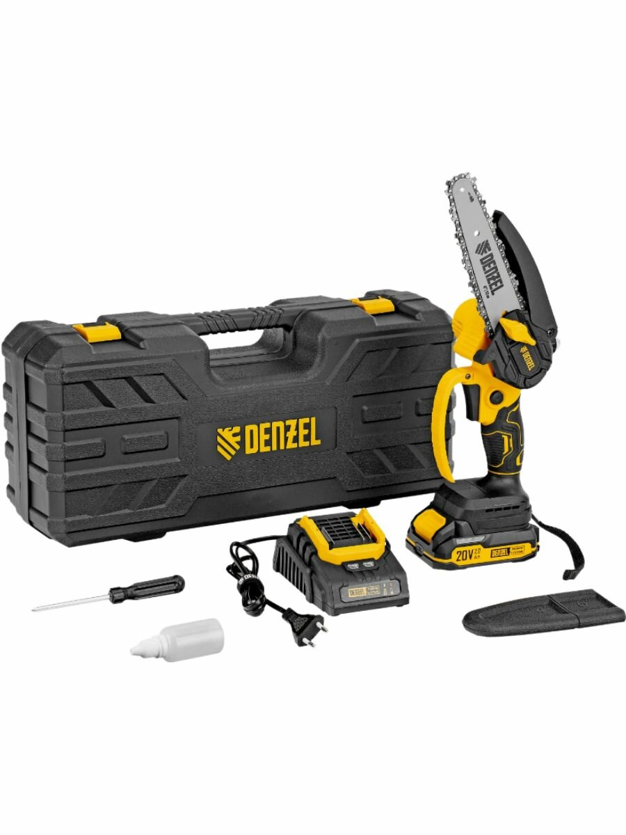 Цепная мини-пила аккумуляторная Denzel CCS-150, шина 150 мм, Li-Ion, 20 В, желтая/черная