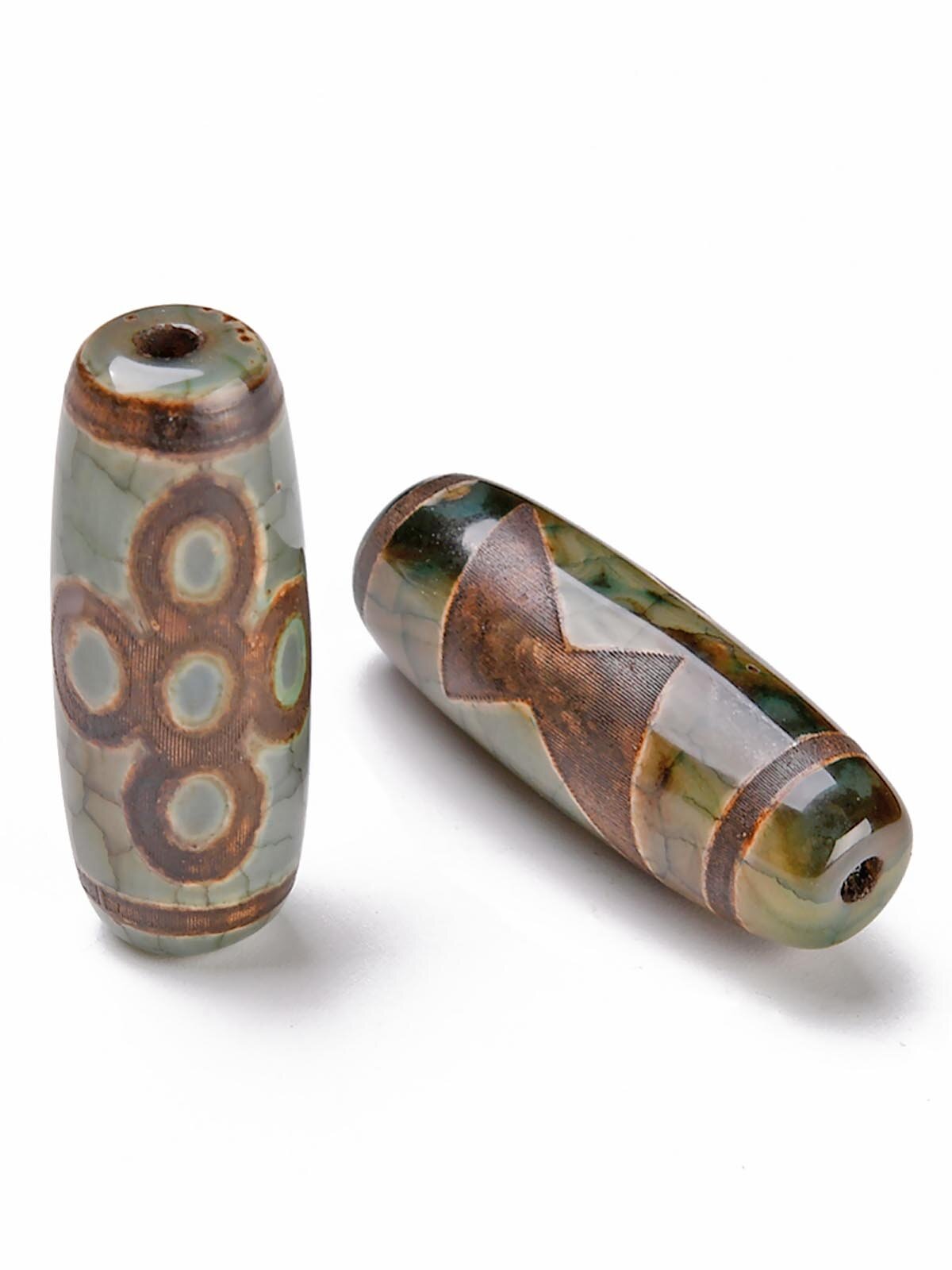 Бусина Дзи натуральный камень Агат серо-зеленый экзотика Гаруда 0012266 цилиндр 30x12 мм, цена за 1 шт.