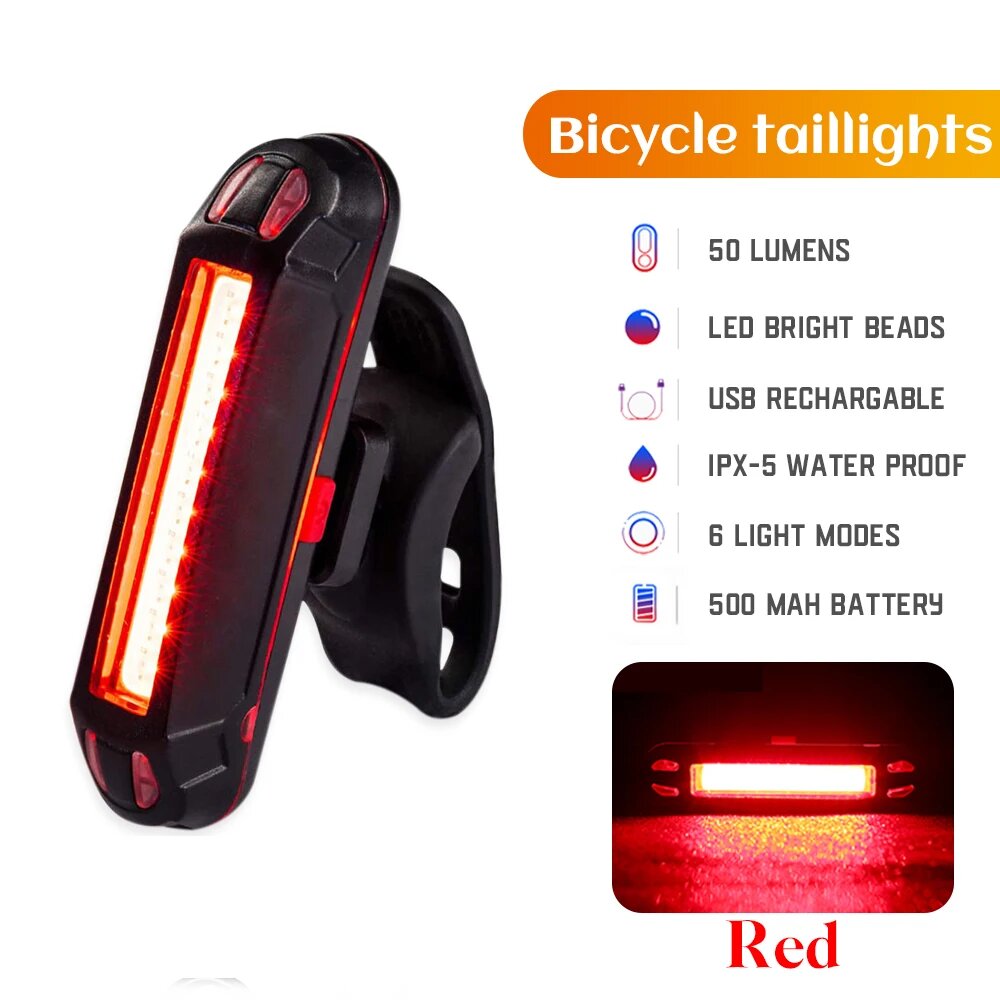Велофонарь задний LED красный, 50 люмен, USB, IPX-5, 6 режимов, 500mAh