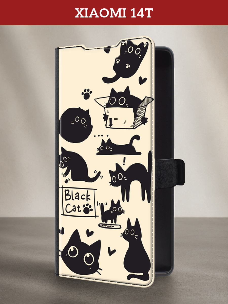 Чехол-книжка на Xiaomi 14T / Сяоми 14Т с принтом Чёрный котик рисунки, черный