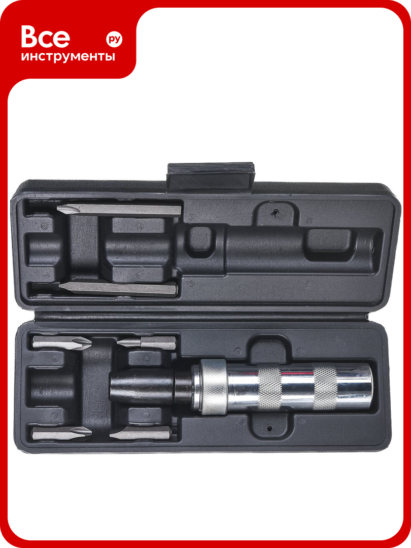 Ударная отвертка АвтоDело хром 6 насадок футляр 40002 10296, 8 мм, из инструментальной