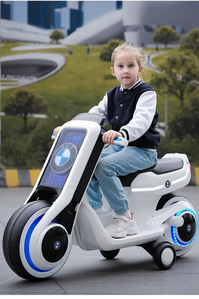 Детский электромотоцикл BMW concept, с двойной системой привода, 2 двигателя, 12V9AH, 550 Вт, 3-10 лет, белый