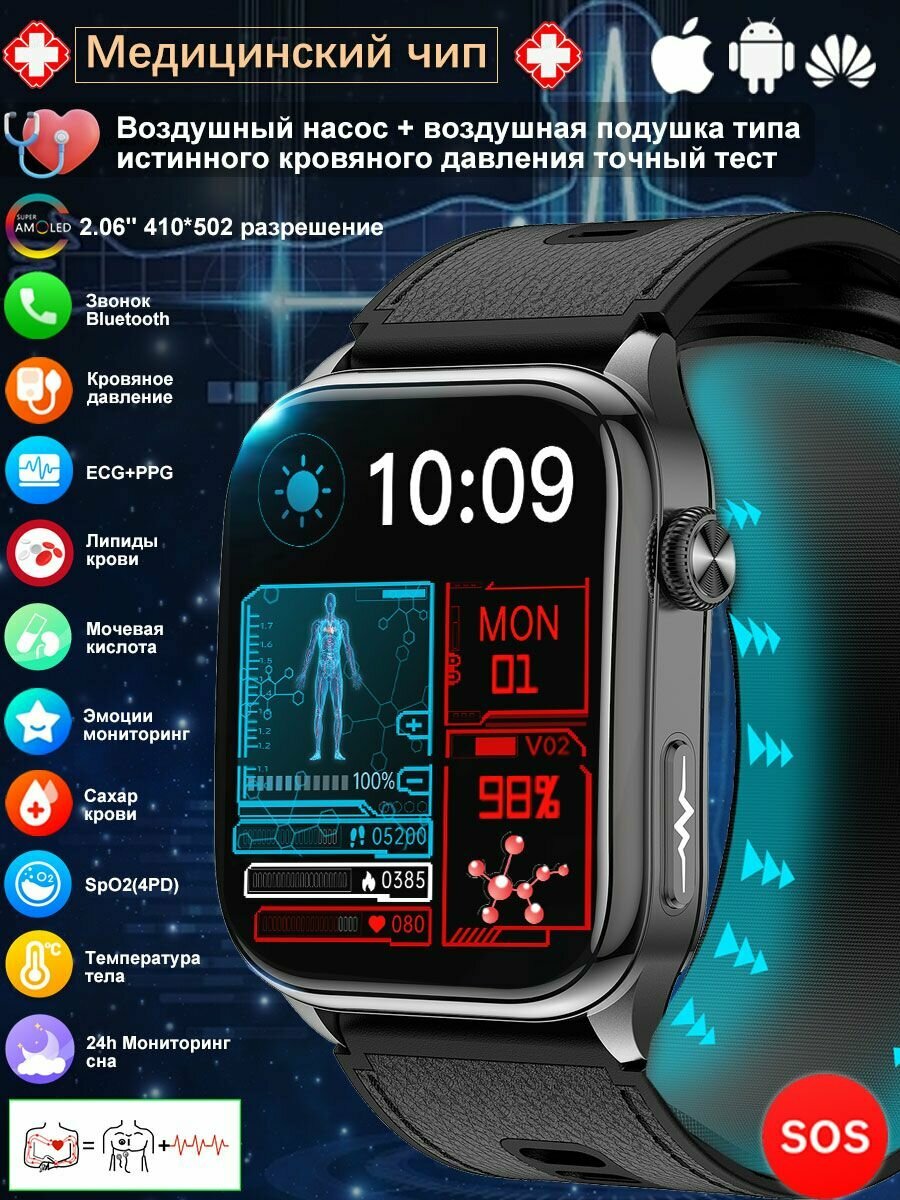 Новинка 2025 года, умные часы для измерения артериального давления, точное измерение воздушным насосом + ЭКГ, AMOLED-экран, универсальные для мужчин и женщин, отслеживание состояния здоровья