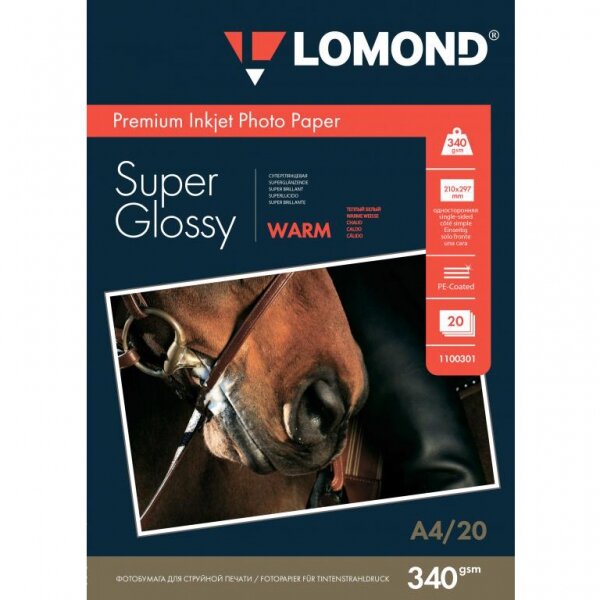 Фотобумага LOMOND 1100301 суперглянцевая ярко-белая микропористая А4, 340 г/м2, 20 листов