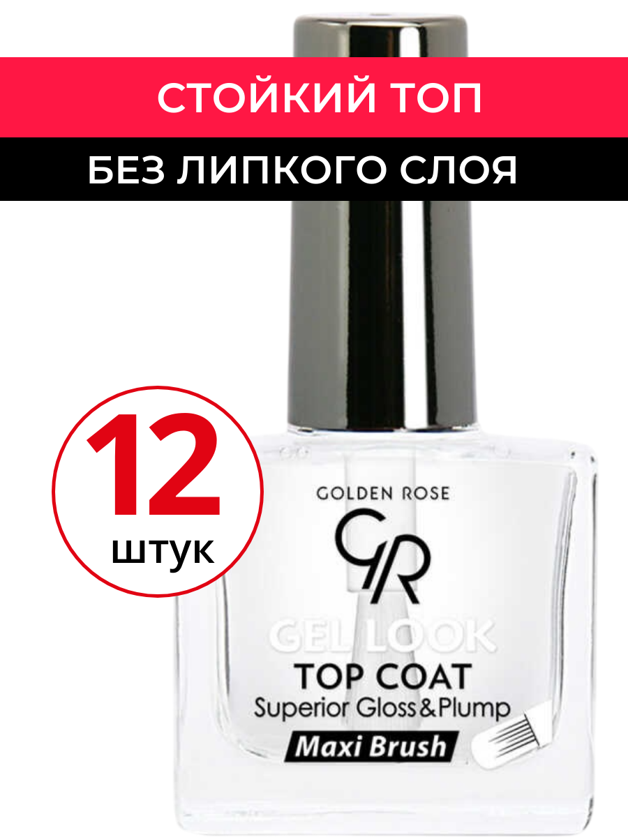 Лак-покрытие для ногтей Golden Rose Gel Look Top Coat Гелевый эффект, широкая кисть, набор из 12 штук