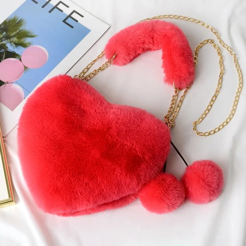 Роскошные искусственные мех в форме сердца женщины маленькие сумочки Пушистые плюшевые женские цепные мешки с плечами мода Женская пушистая ежедневная кошелька сцепления, светло-розовый, SKU03005