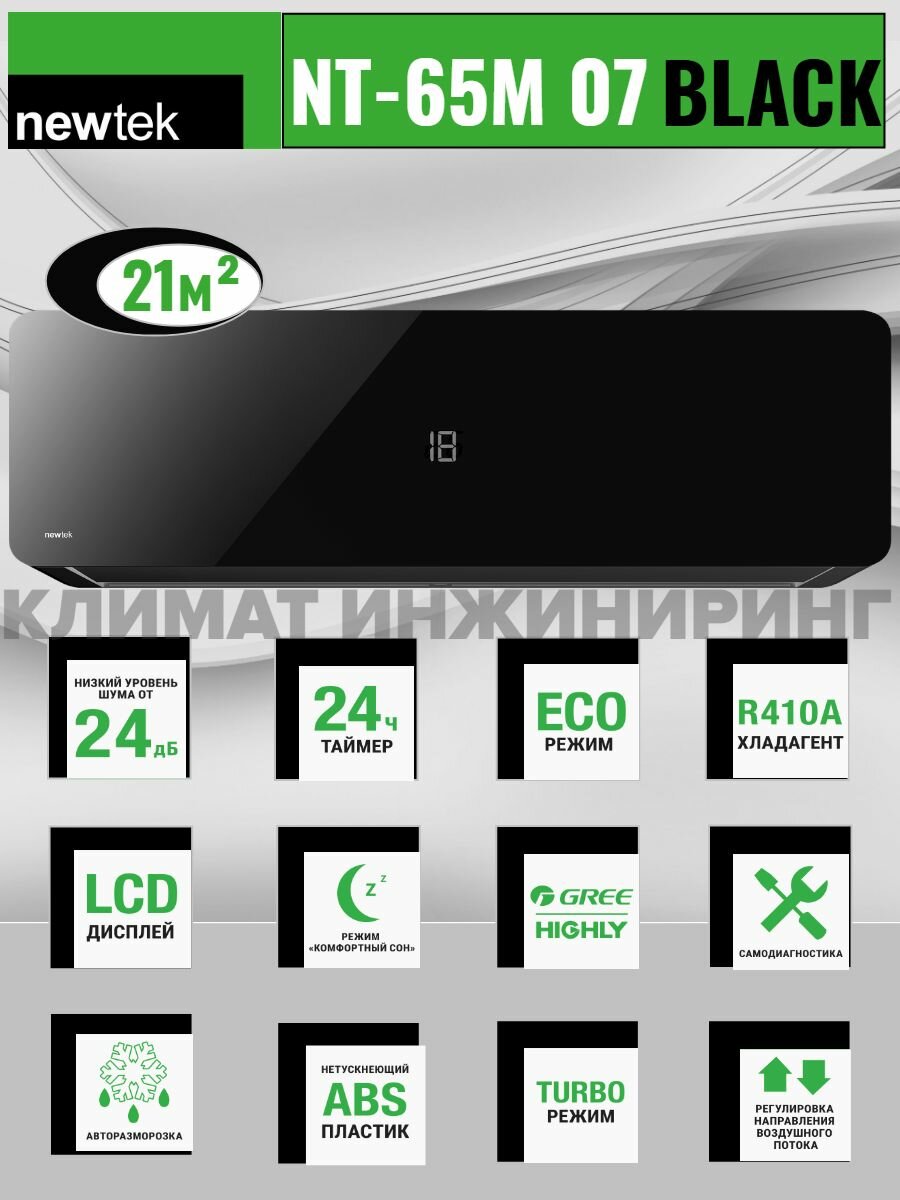 Сплит-система Newtek NT-65M07 Black, 21м², 7BTU, площадь помещения до 21кв. м