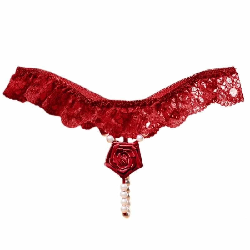 Женские кружевные розовые стринги с жемчугом-Винно-красный-Один размер