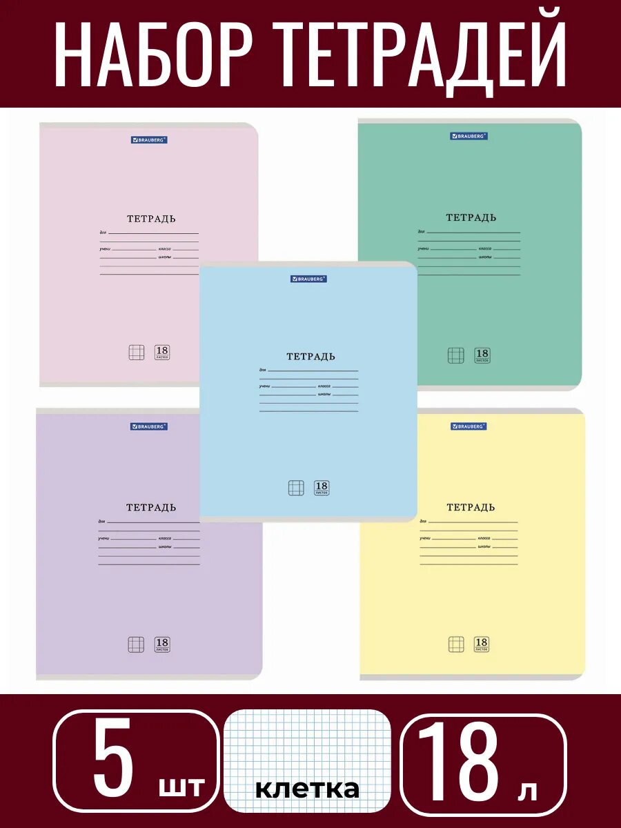 Тетрадь школьная BRAUBERG, клетка, формат А5, закругленные углы, 18 листов, 5 штук