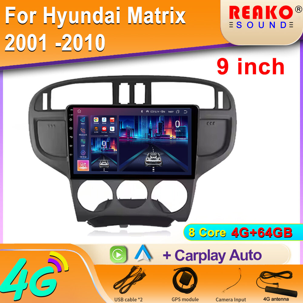 Магнитола для Hyundai Matrix 2001 -2010, с камерой заднего вида. IPS экран 9 дюймов, Wifi 2din с сенсорным экраном, usb и блютузом.