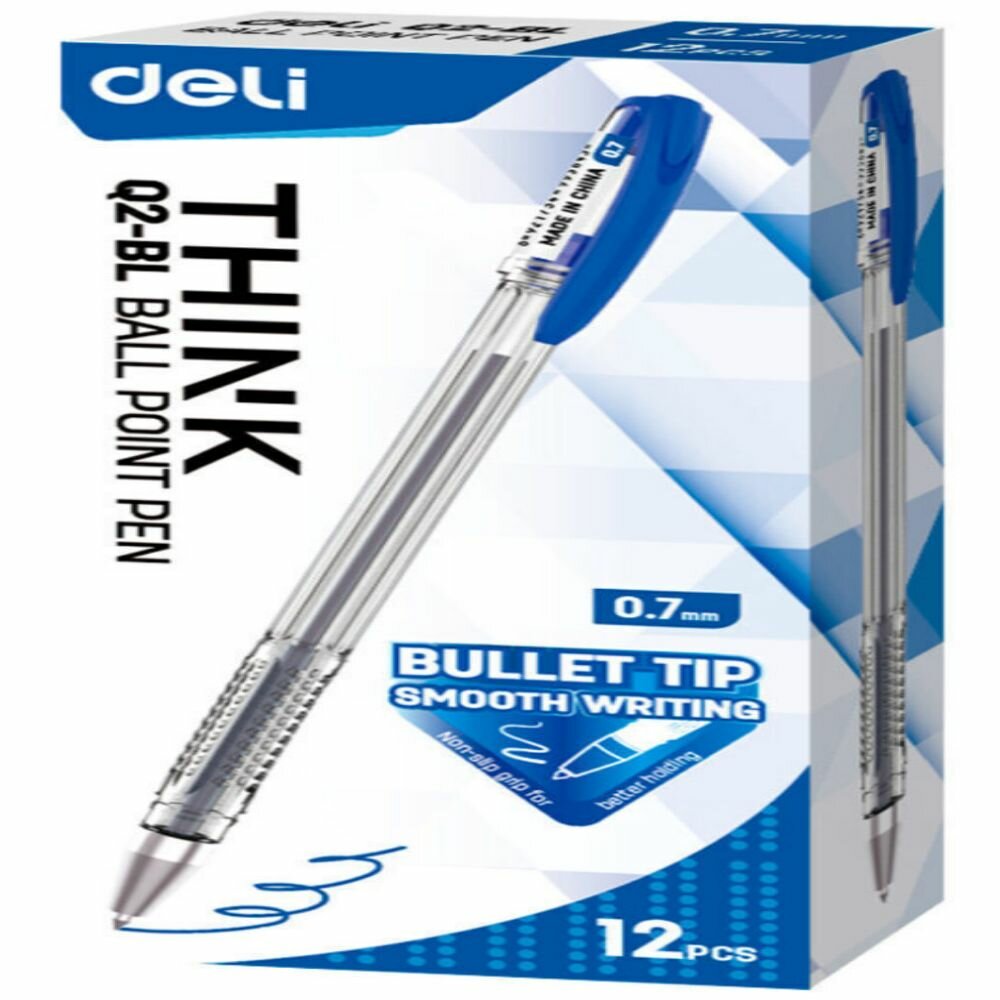 Ручка шар. Deli Think синяя, 0,7мм, прозрачный корпус EQ2-BL. Комплект из 12 ручек