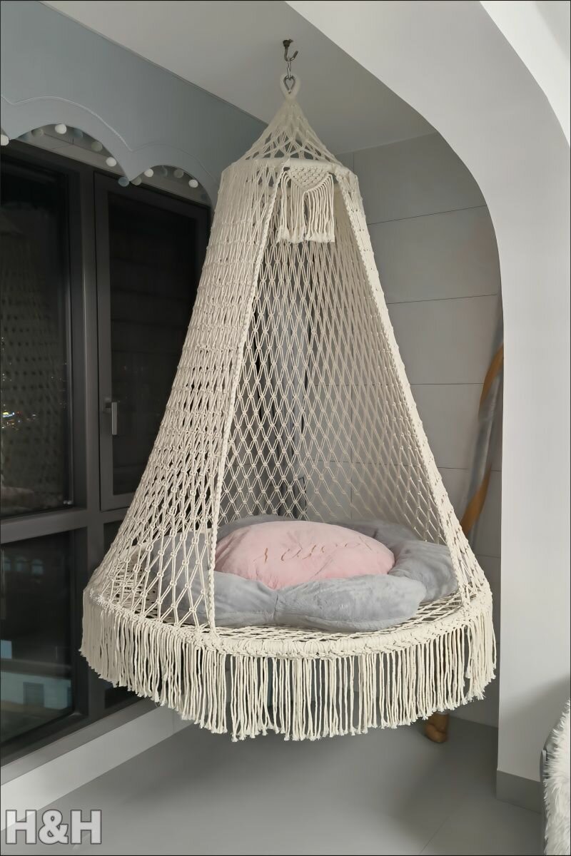 Белая наружная подвесная кресло, 80х80 см Подвесной стул ручной работы с кисточкой, качели в богемном дворике